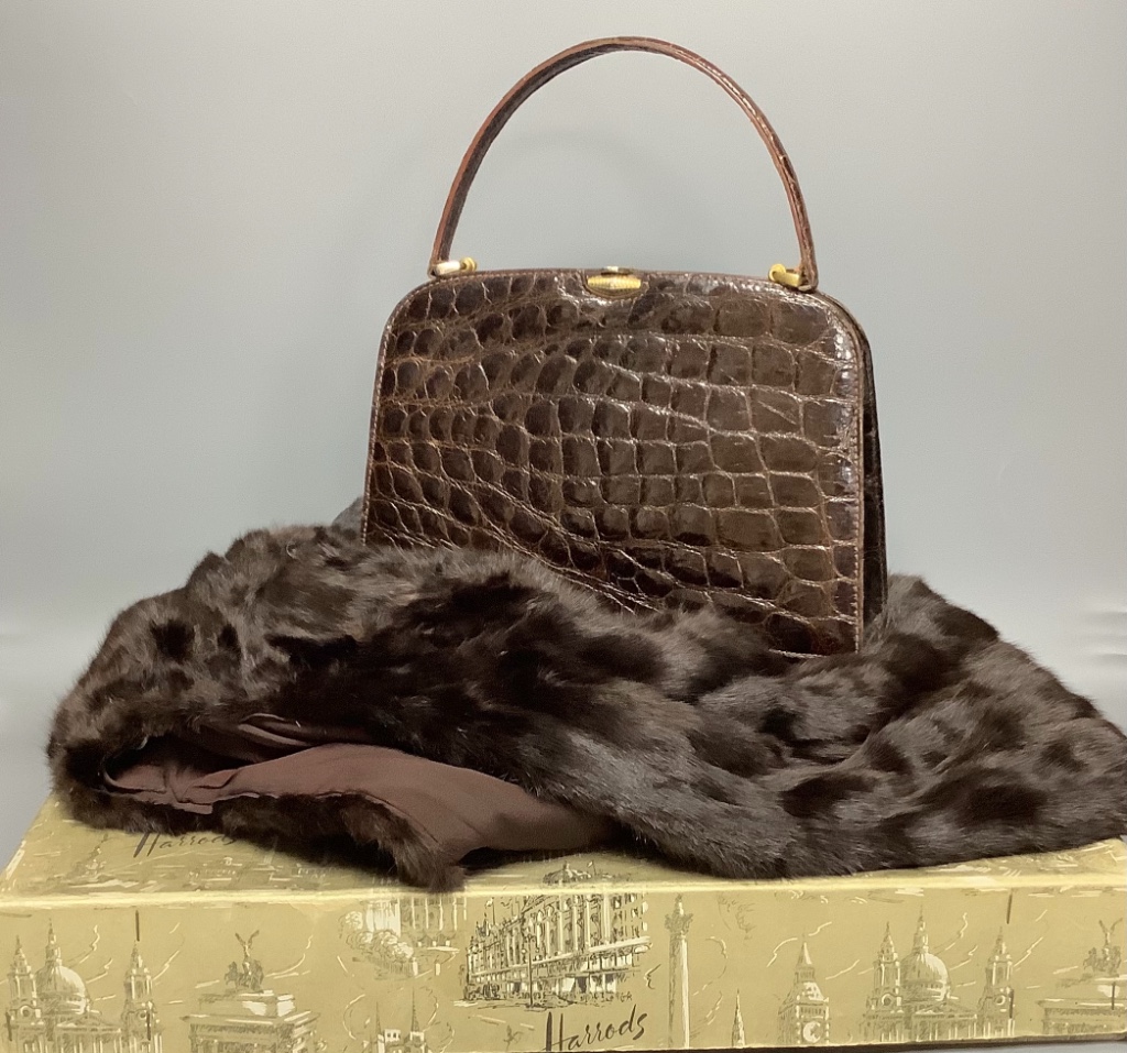 A Russell & Bromley brown crocodile effect handbag (made in France), a ...